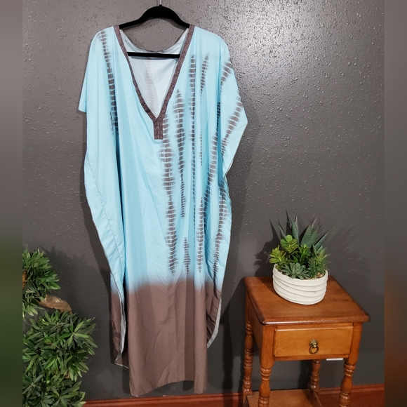 Dresses | Chic Tiedye Kaftan Dress In Blue And Brown Ombre Fade | Poshmark